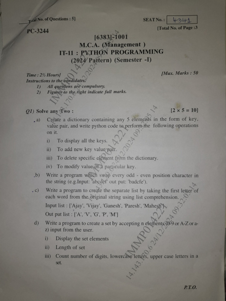 Python OCT NOV 2024 University QP | PDF