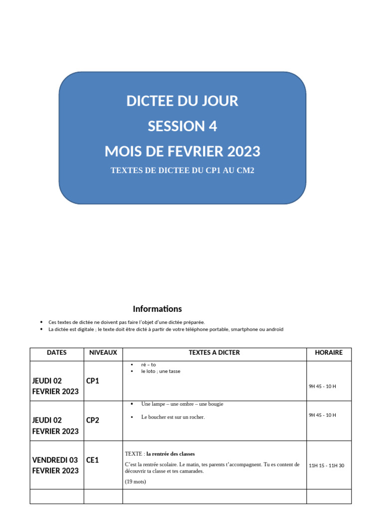 Dictée CP2 - Février 2023 | PDF