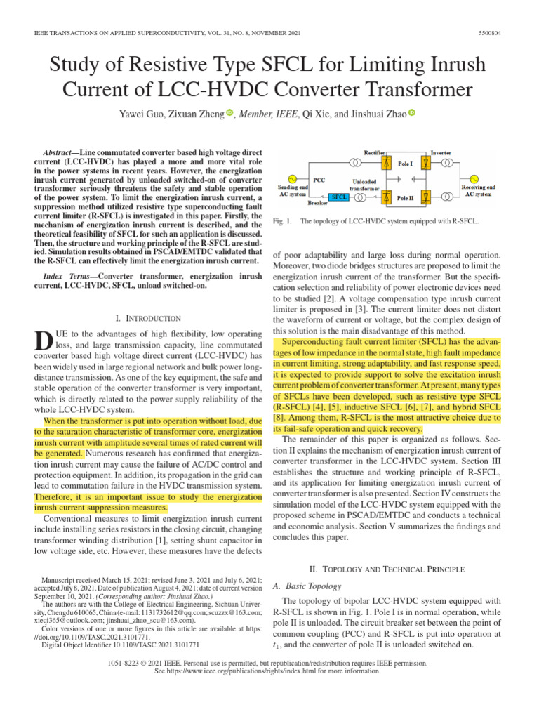 R-SFCL for Limiting Inrush Current in LCC-HVDC | PDF | Transformer ...