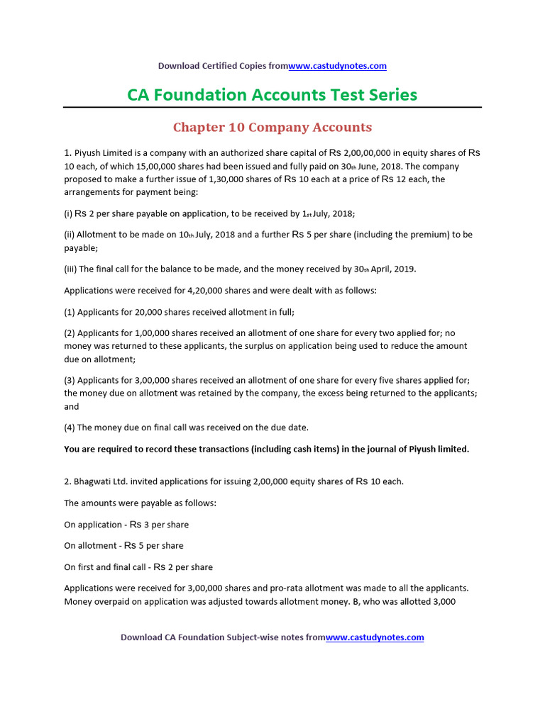 CA Foundation Accounts CHP 10 Test Series Question Paper | PDF | Equity ...