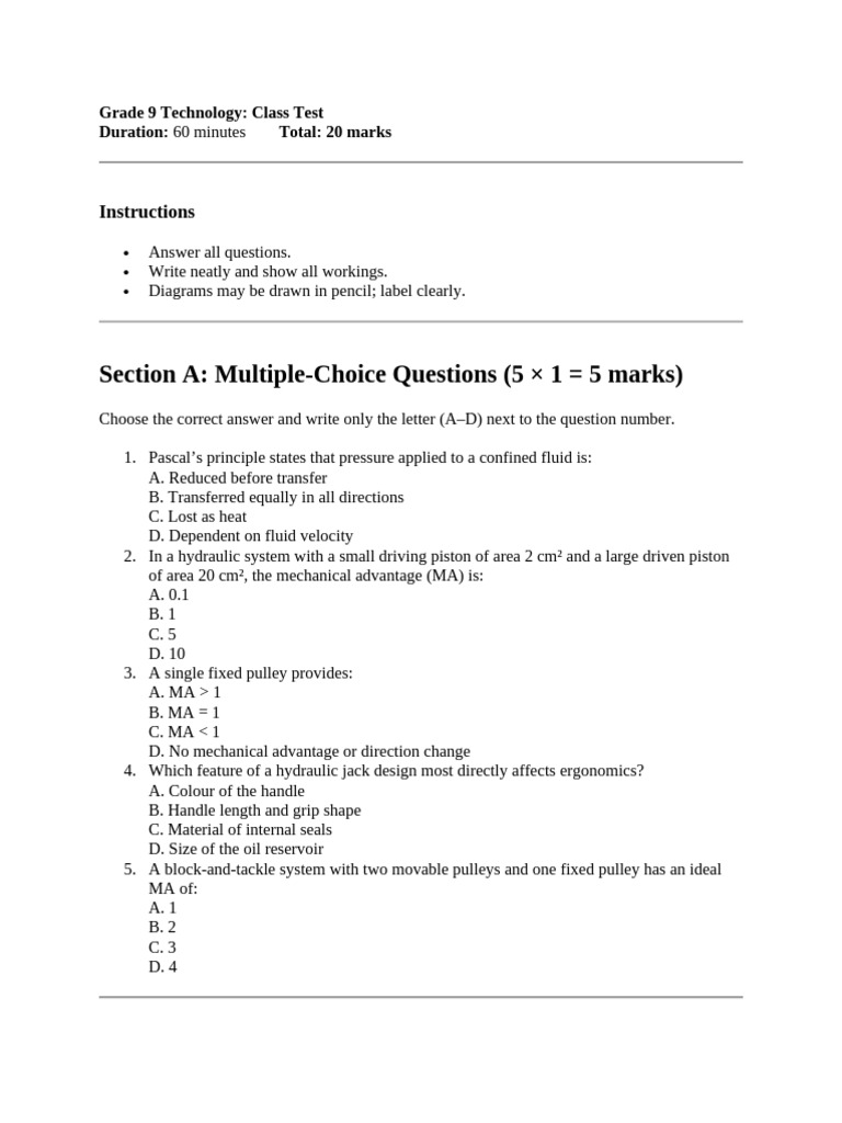 Grade 9 Technology Test | PDF | Mechanical Engineering | Mechanics
