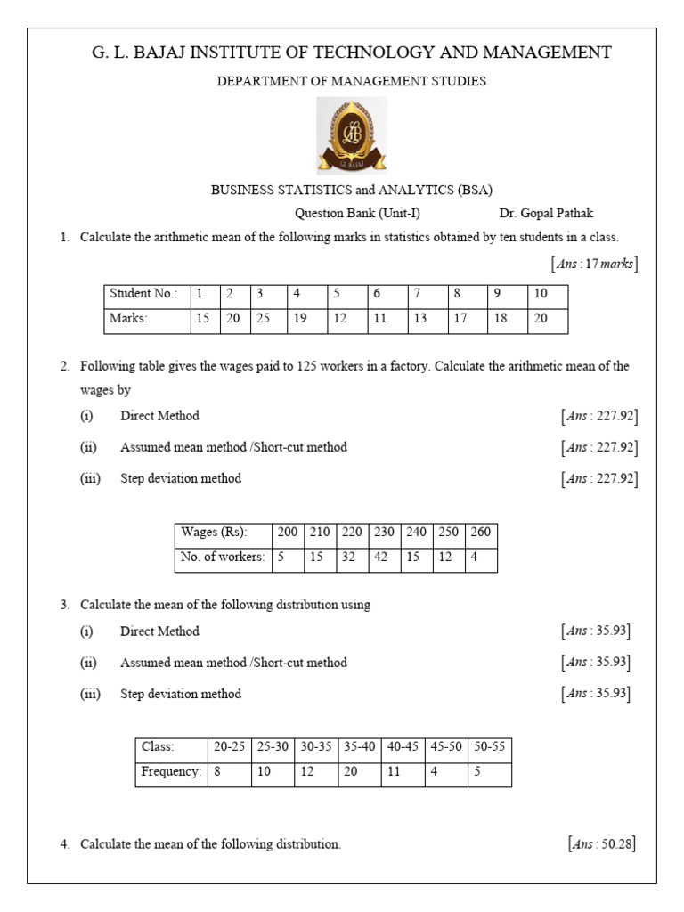 BSA Question Bank - GLBITM | PDF | Mean | Median