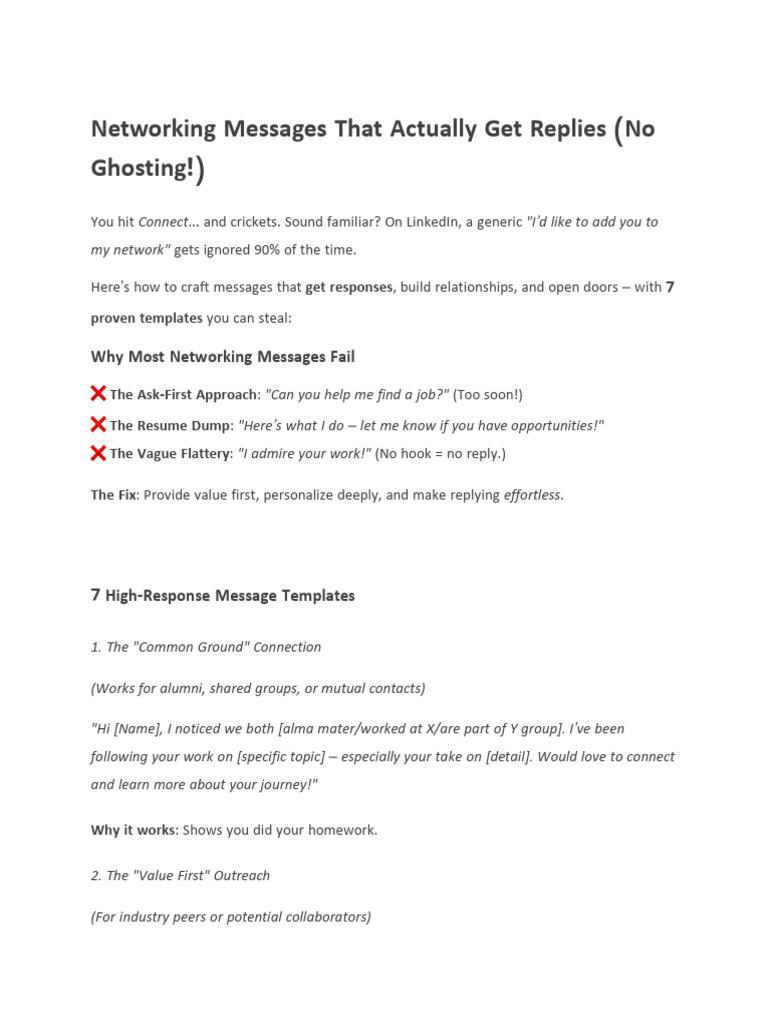 Networking Messages That Actually Get Replies (No Ghosting!) | PDF ...