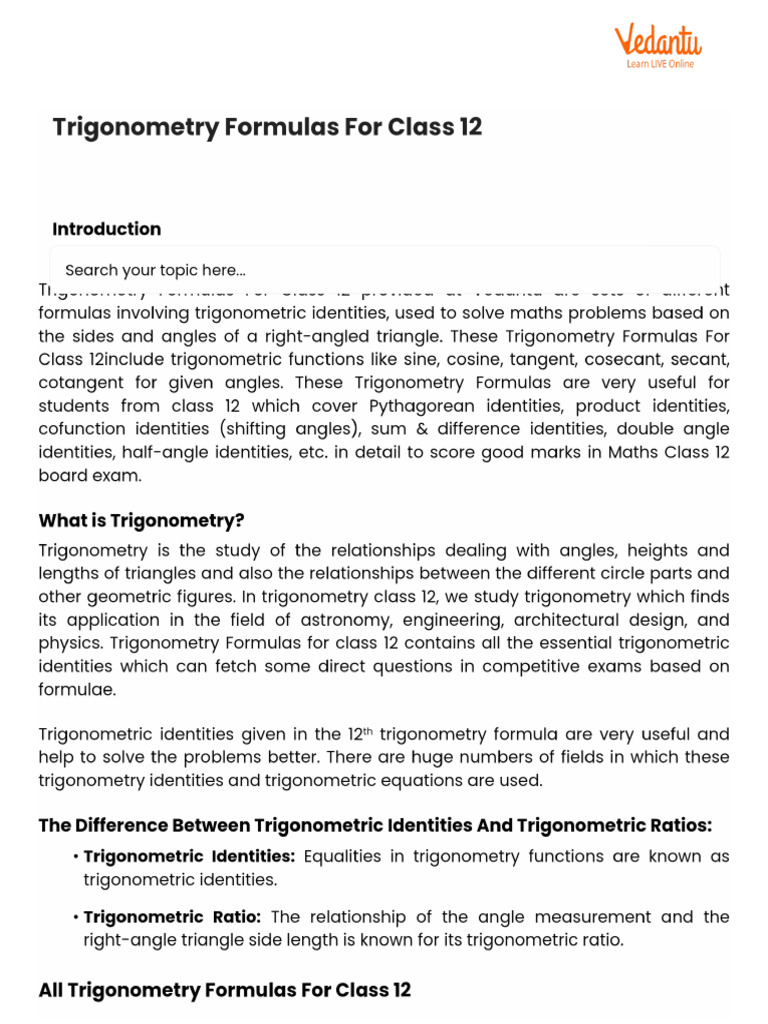 Trigonometry Formulas for Class 12 | PDF