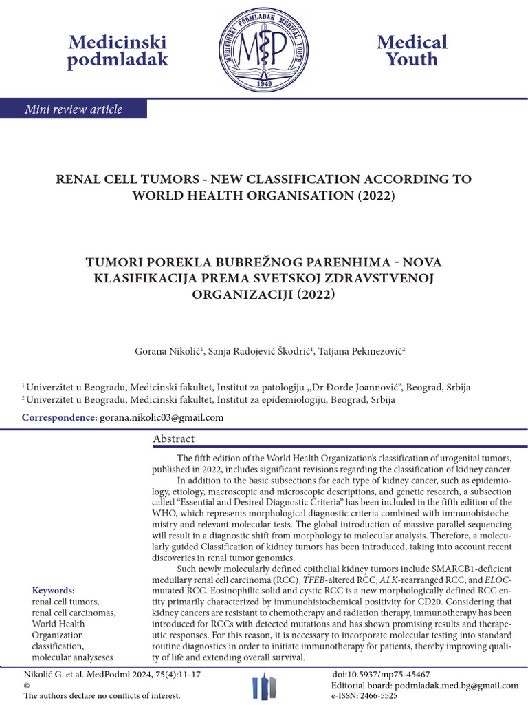 Medicinski Podmladak Medical Youth: Renal Cell Tumors - New ...