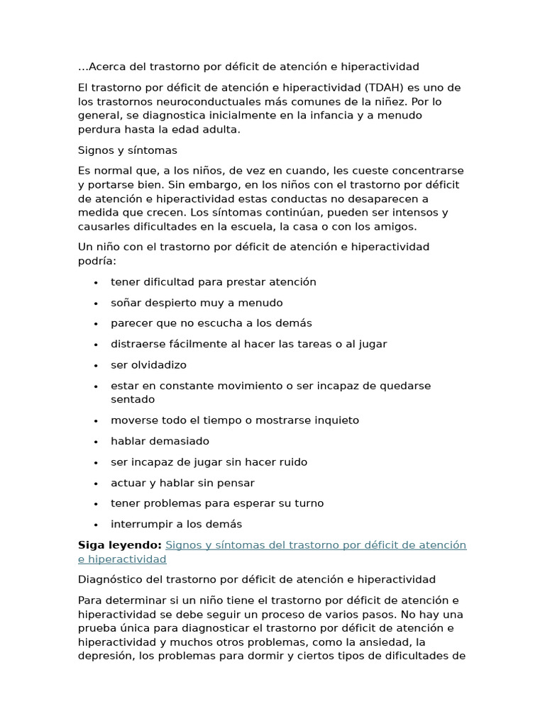 Acerca Del Trastorno Por Déficit de Atención e Hiperactividad | PDF | Desorden hiperactivo y ...