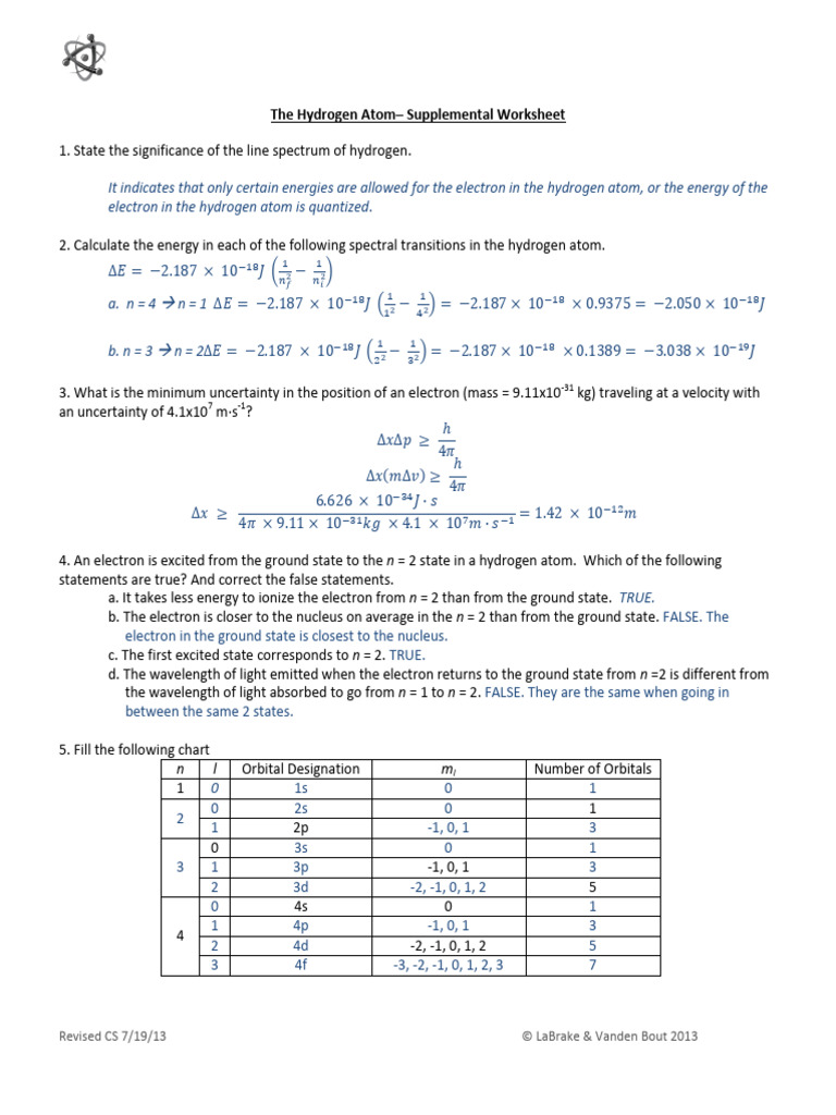 Hydrogen Atom Worksheet Guide | PDF | Atoms | Electron