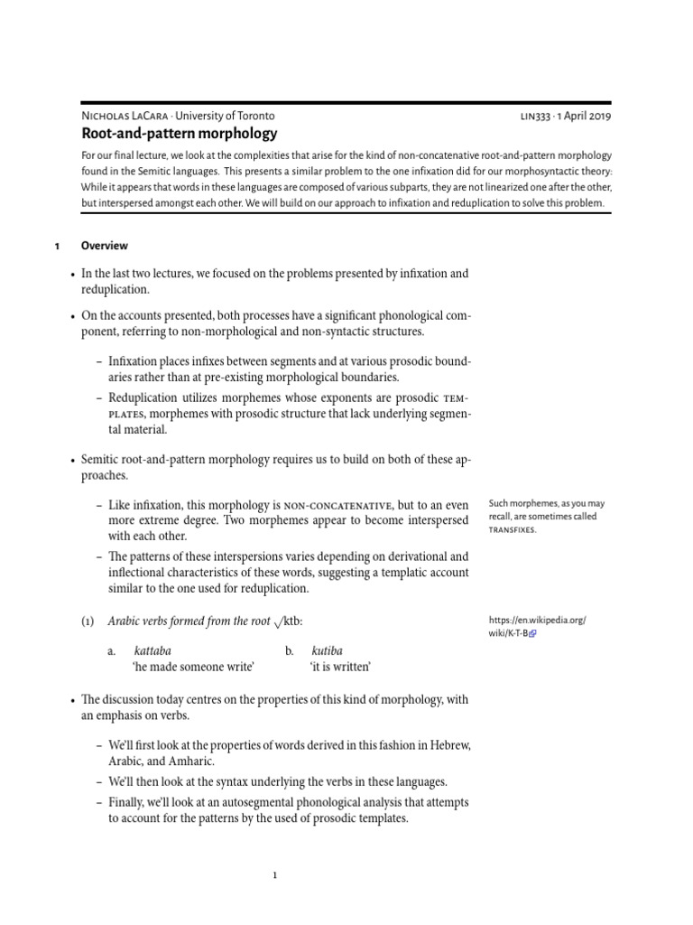 Root-and-Pattern Morphology in Semitic | PDF | Morphology (Linguistics ...