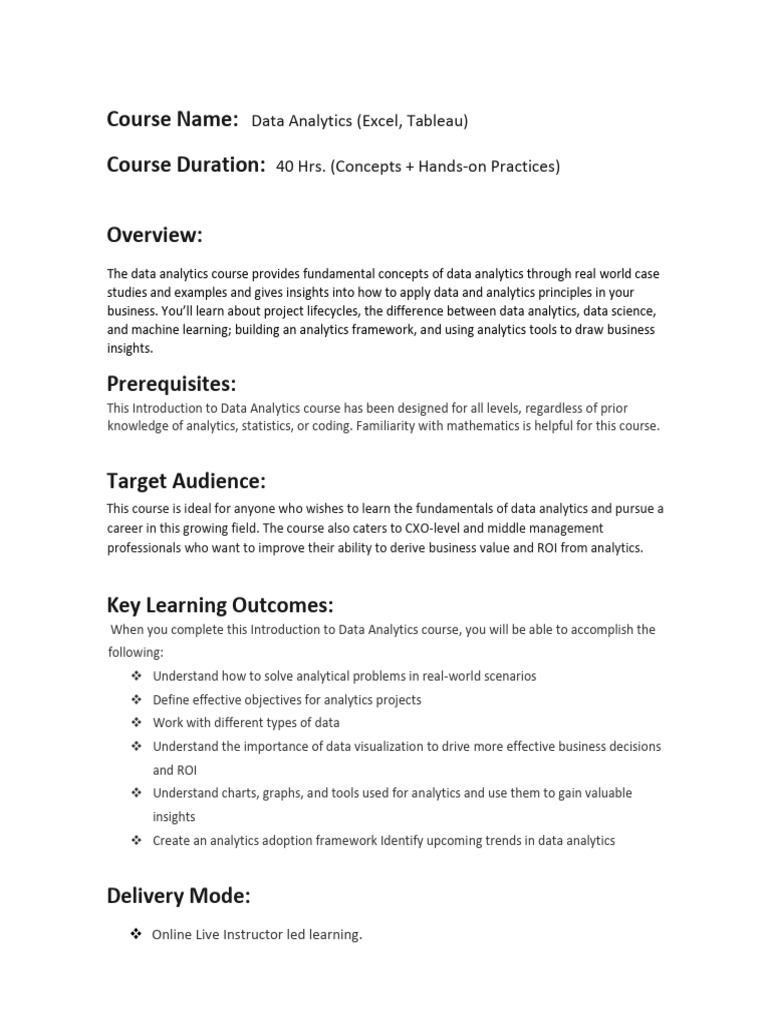 Data Analytics Excel Tableau 40 Hrs Pdf Analytics Data