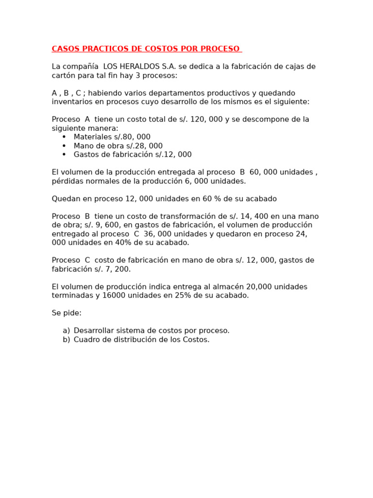 Casos Practicos de Costos Por Proceso | PDF