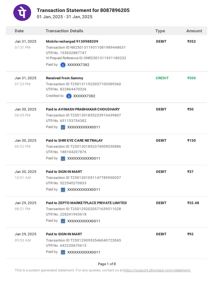 PhonePe Statement Jan2025 Jan2025 | PDF | Debit Card | Debits And Credits