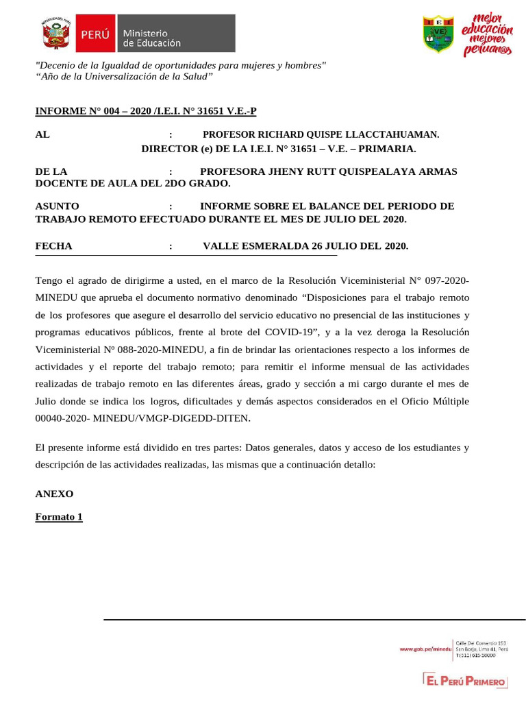 MODELO DE FORMATO PARA INFORME | PDF | Aprendizaje | Evaluación