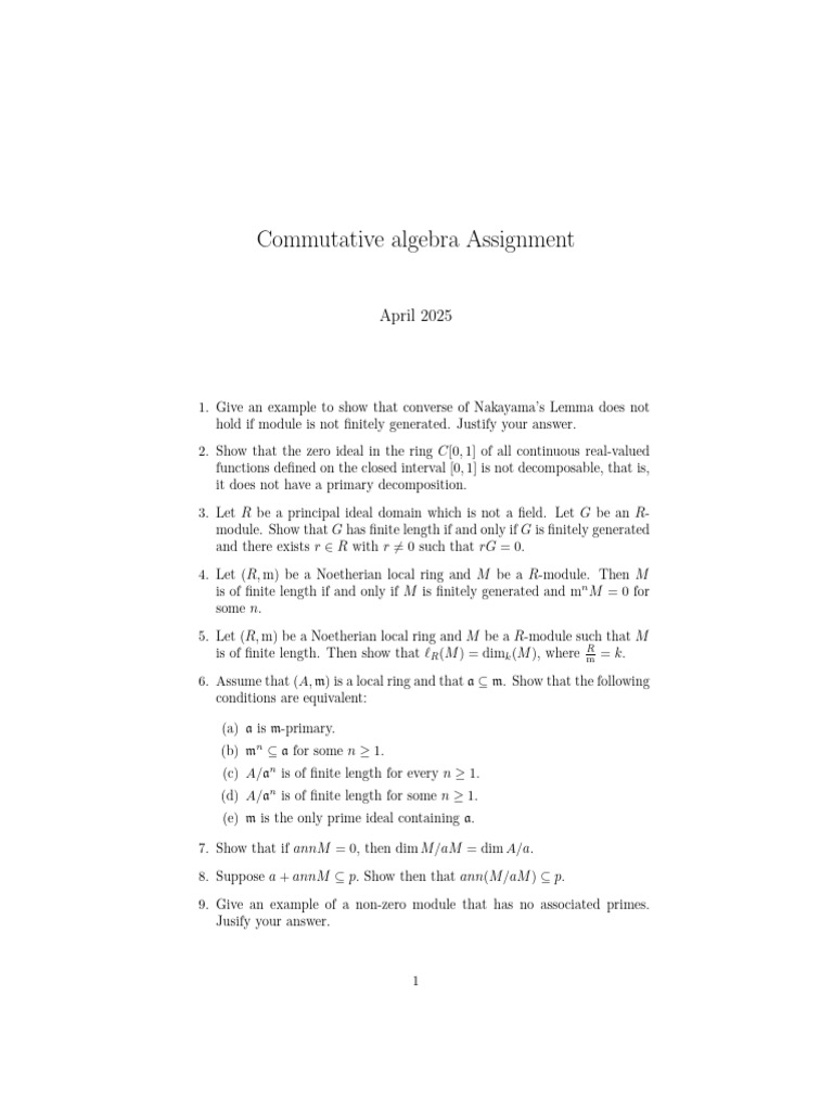 Commutative Algebra Assignment | PDF | Ring (Mathematics) | Abstract Algebra