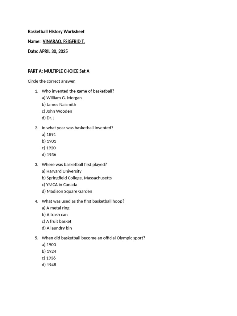 Basketball History and Trivia Worksheet | PDF