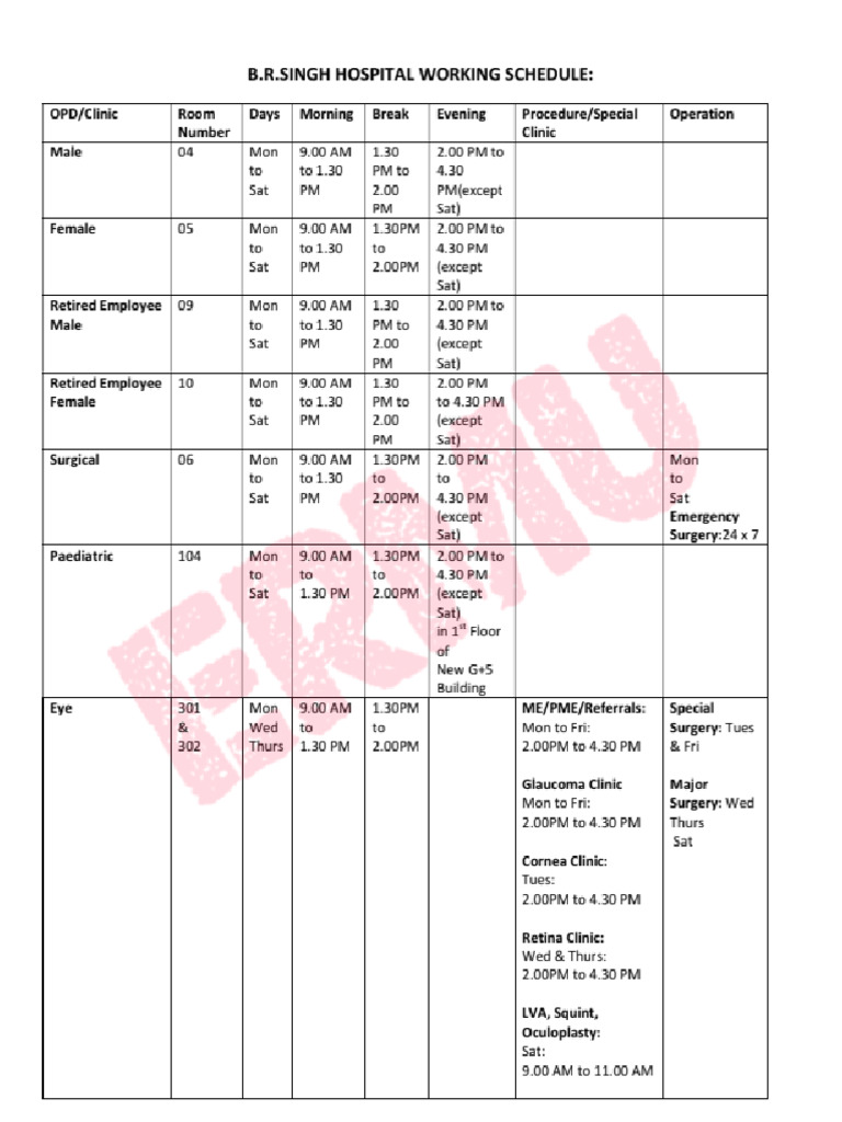 B - R - Singh Hospital Working Schedule | PDF