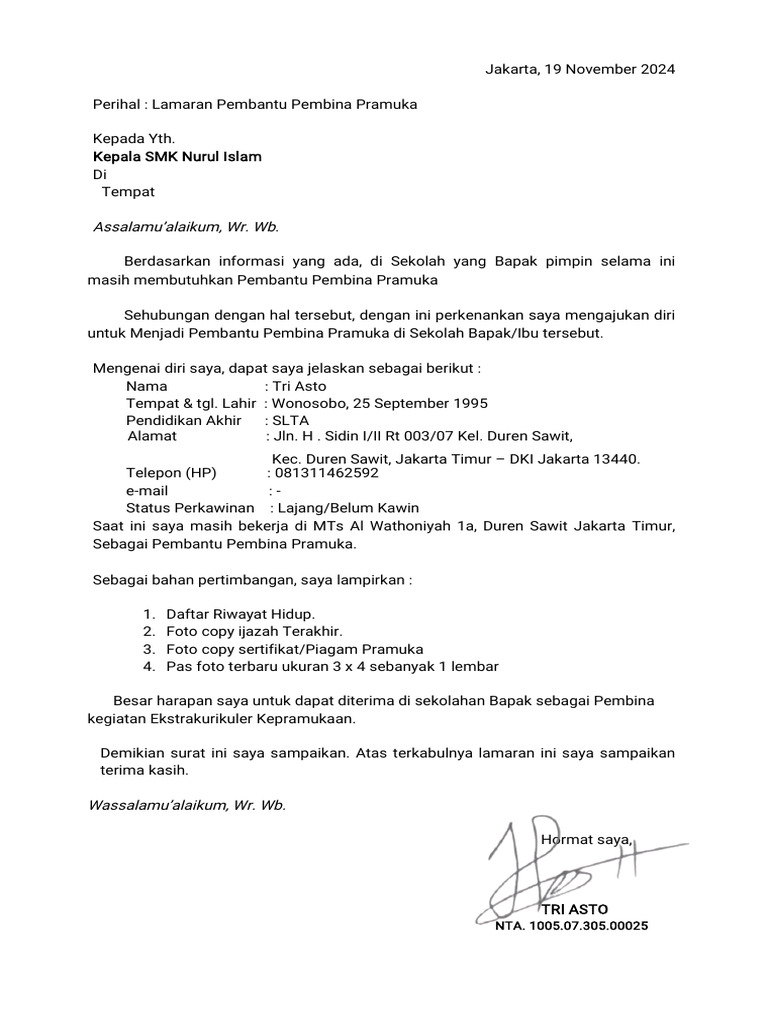 CV.Lamaran Tri Asto_PRAMUKA SMK Nurul Islam | PDF