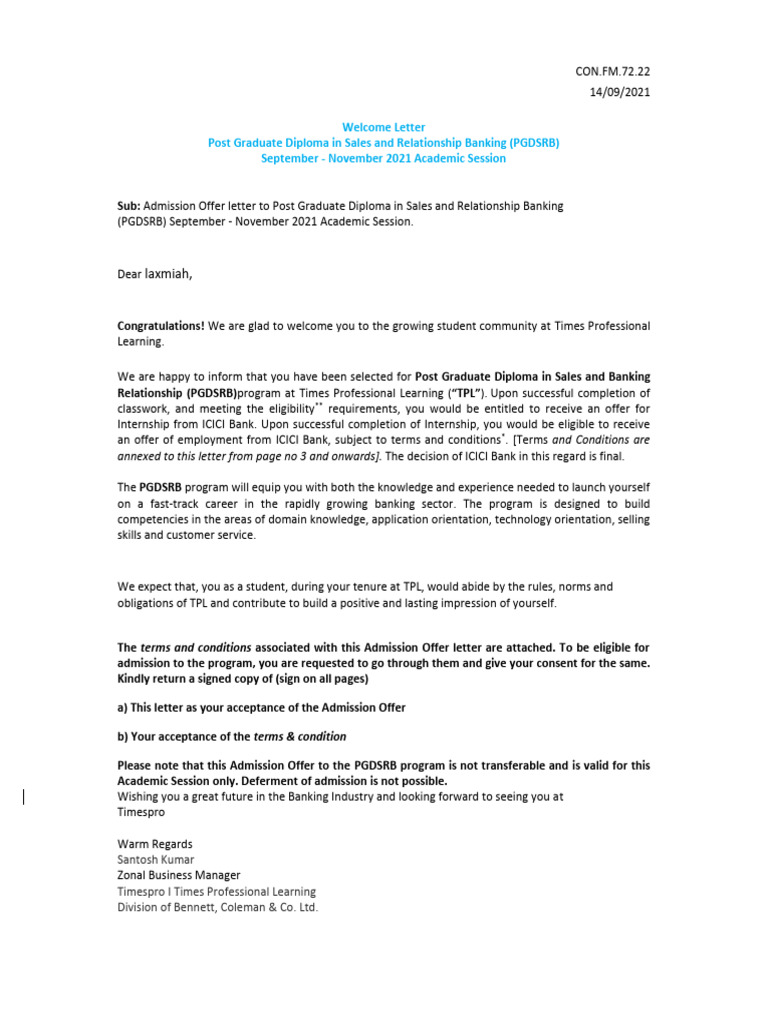 PGDSRB Welcome Letter - Laxmiah | PDF | Internship | Job Hunting