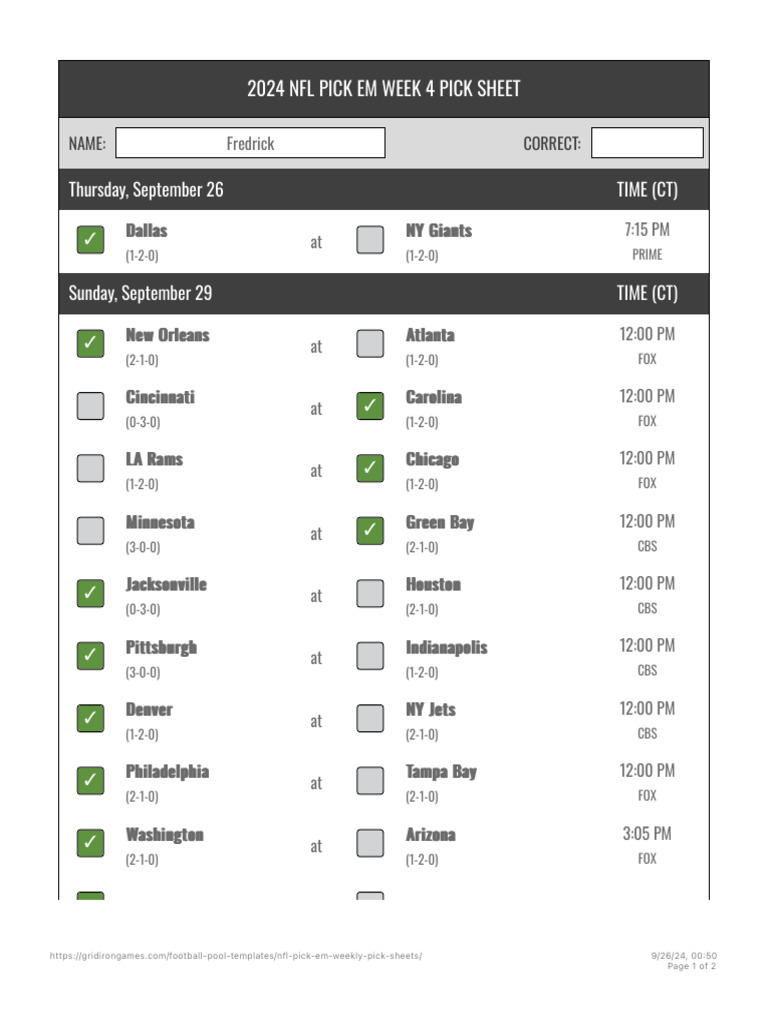 Free Printable 2024 NFL Pick em Weekly Pick Sheets - Gridiron Games ...