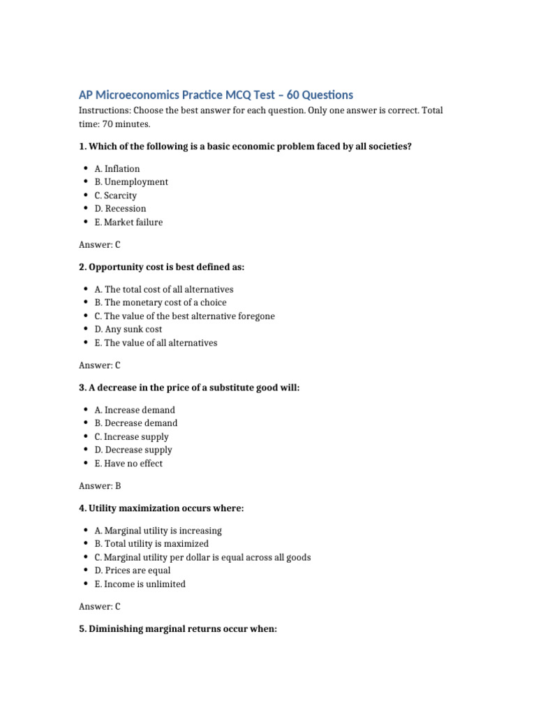 AP Microeconomics MCQ Test | PDF | Demand | Utility