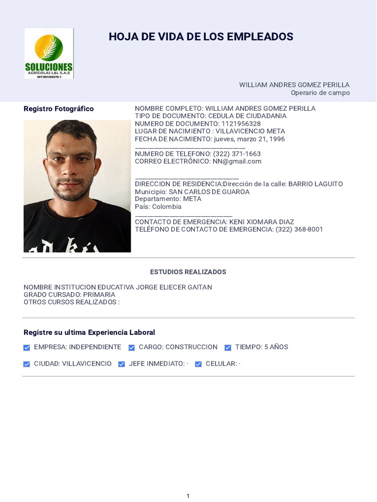 Hoja de Vida de Los Empleados Nuevo William Andres Gomez Perilla | PDF ...