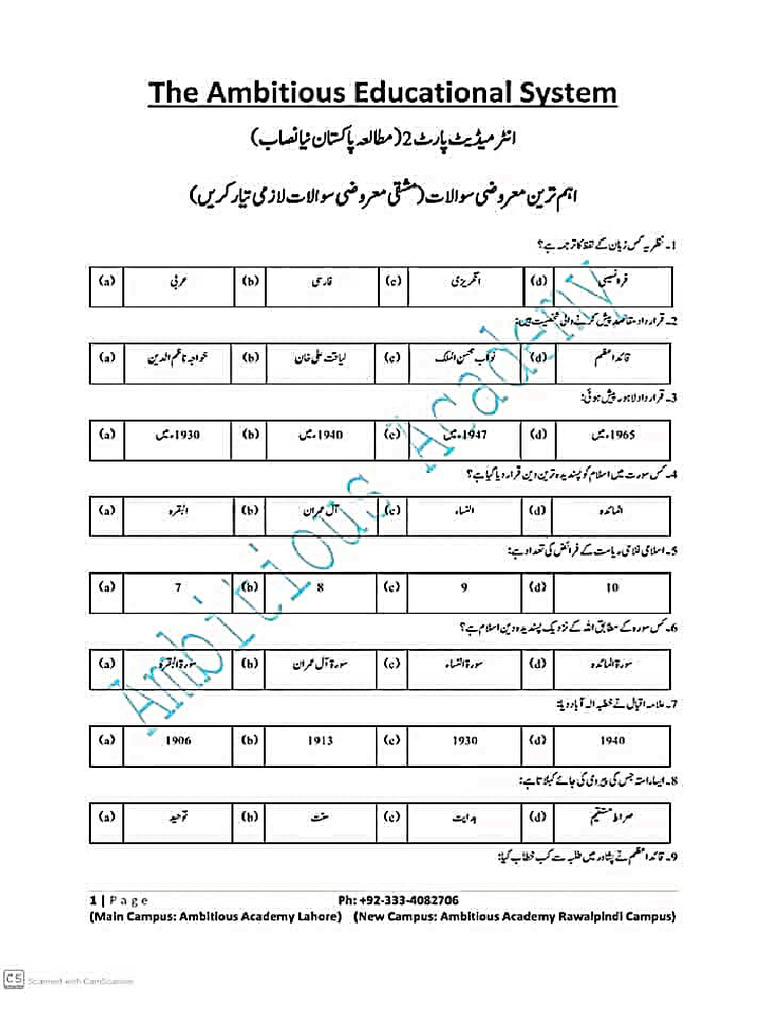 12th Class Pak Studies Guess Papers | PDF