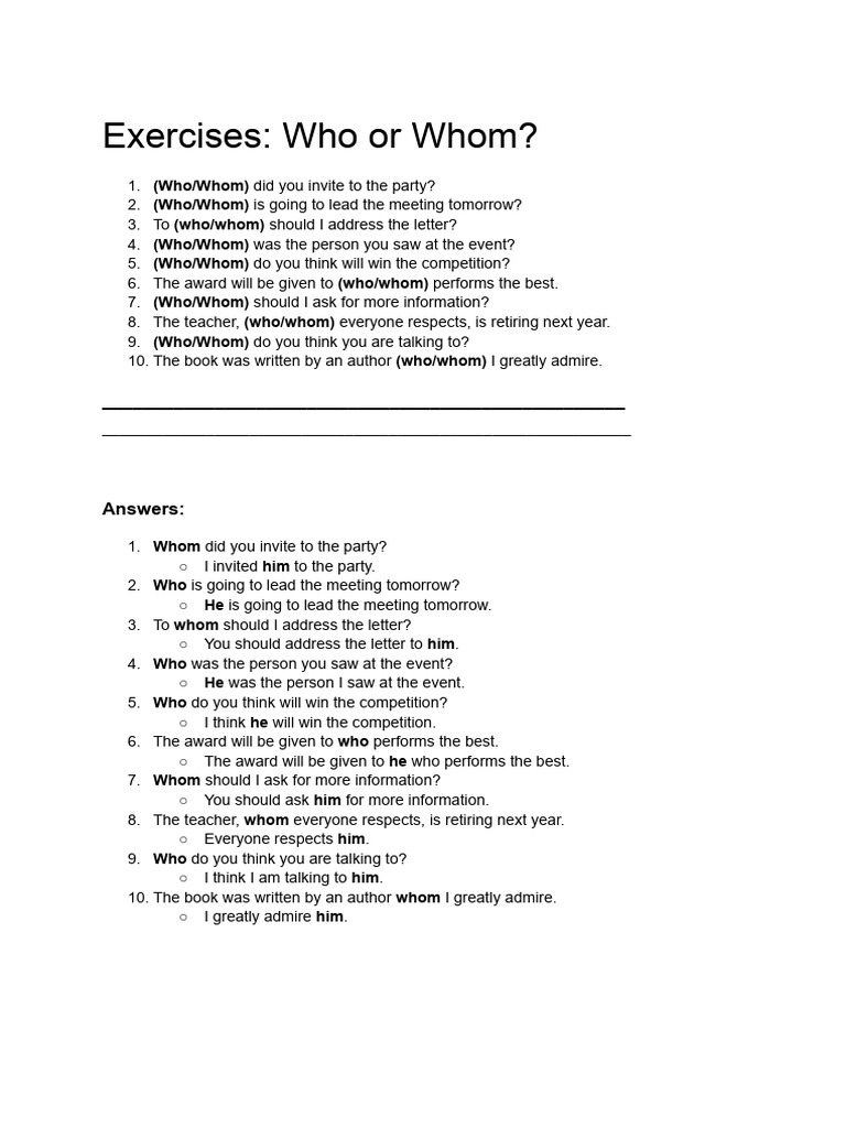 Exercises: Who or Whom? | PDF