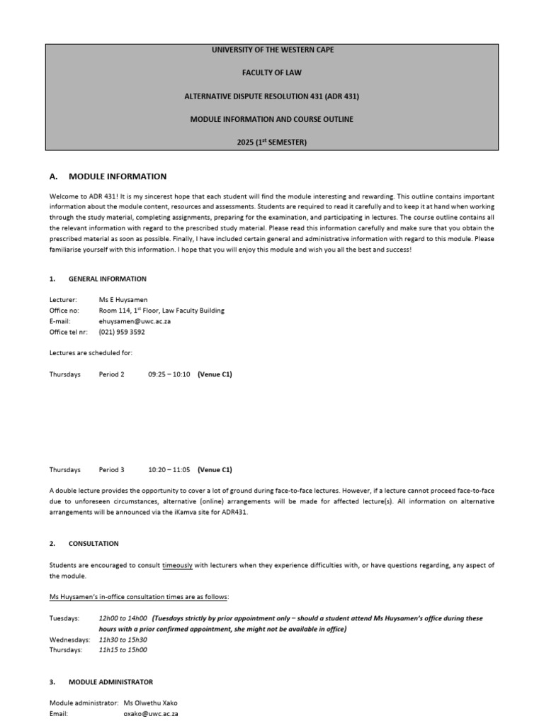 ADR 431 Course Outline for UWC 2025 | PDF | Academic Dishonesty ...