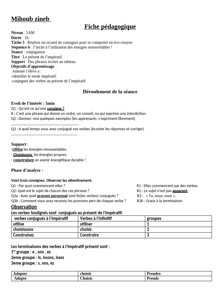 Conjugaison Présent de Limpératif Fiche Pédagogique Zineb Mihoub | PDF ...