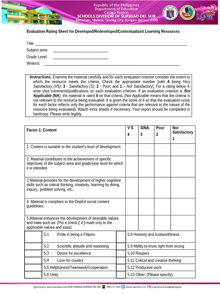 Evaluation Rating Sheet For Print LRs - School | PDF | Learning ...