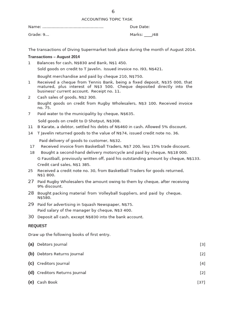 ACCOUNTING Grade 9 TOPIC TASK | PDF | Cheque | Credit
