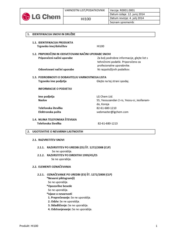 Varnostni List - SLO LG CHEM HI100 | PDF