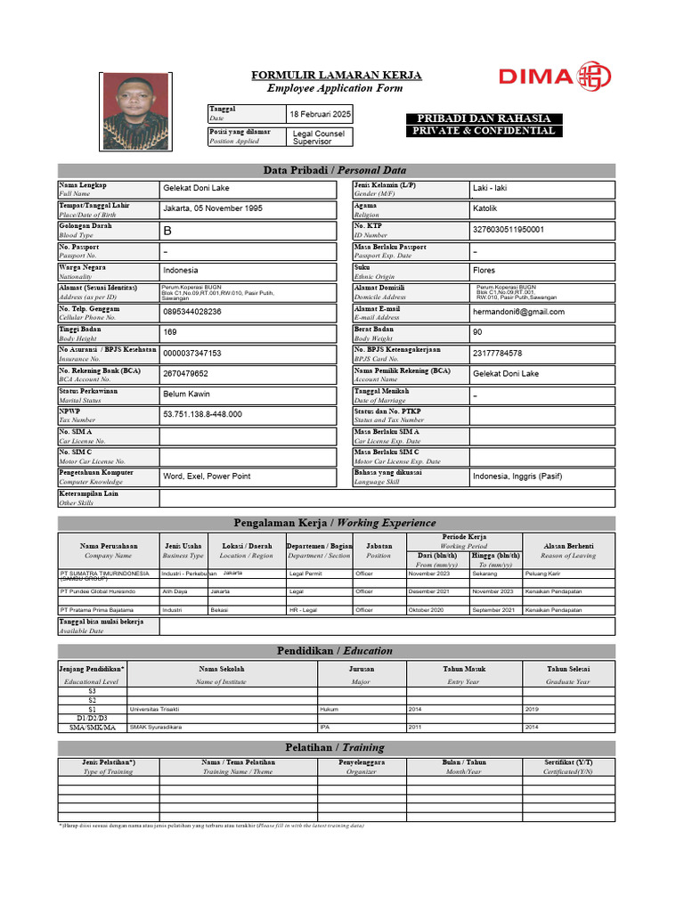 Formulir Lamaran Kerja - PT Dima Indonesia Dan Resume | PDF