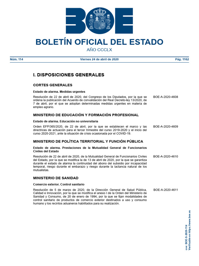 Boe S 2020 114 | PDF | España | Gobierno de españa