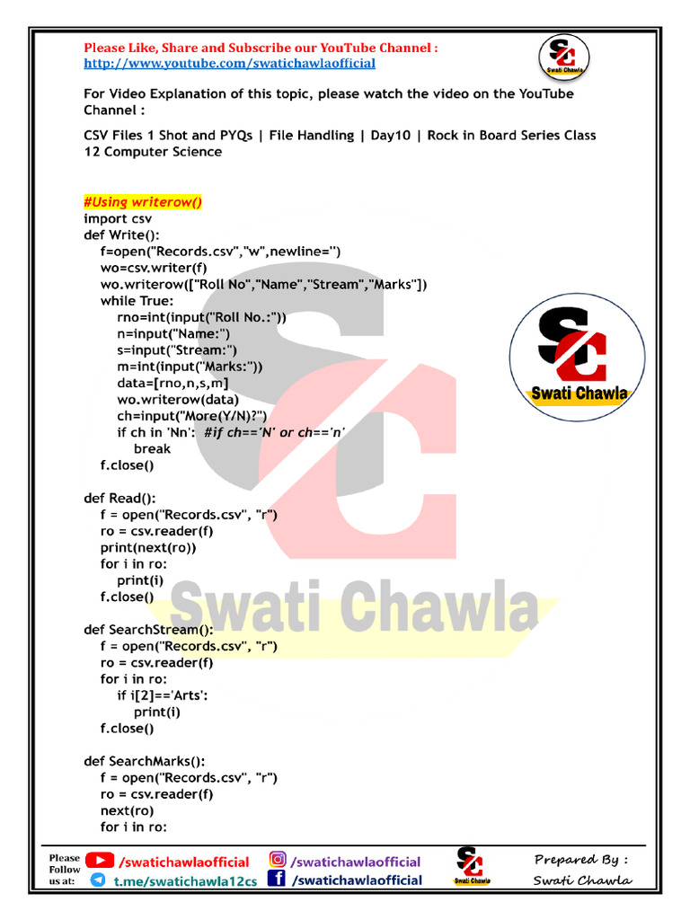 Day 10 CSV Files PYQs by Swati Chawla | PDF