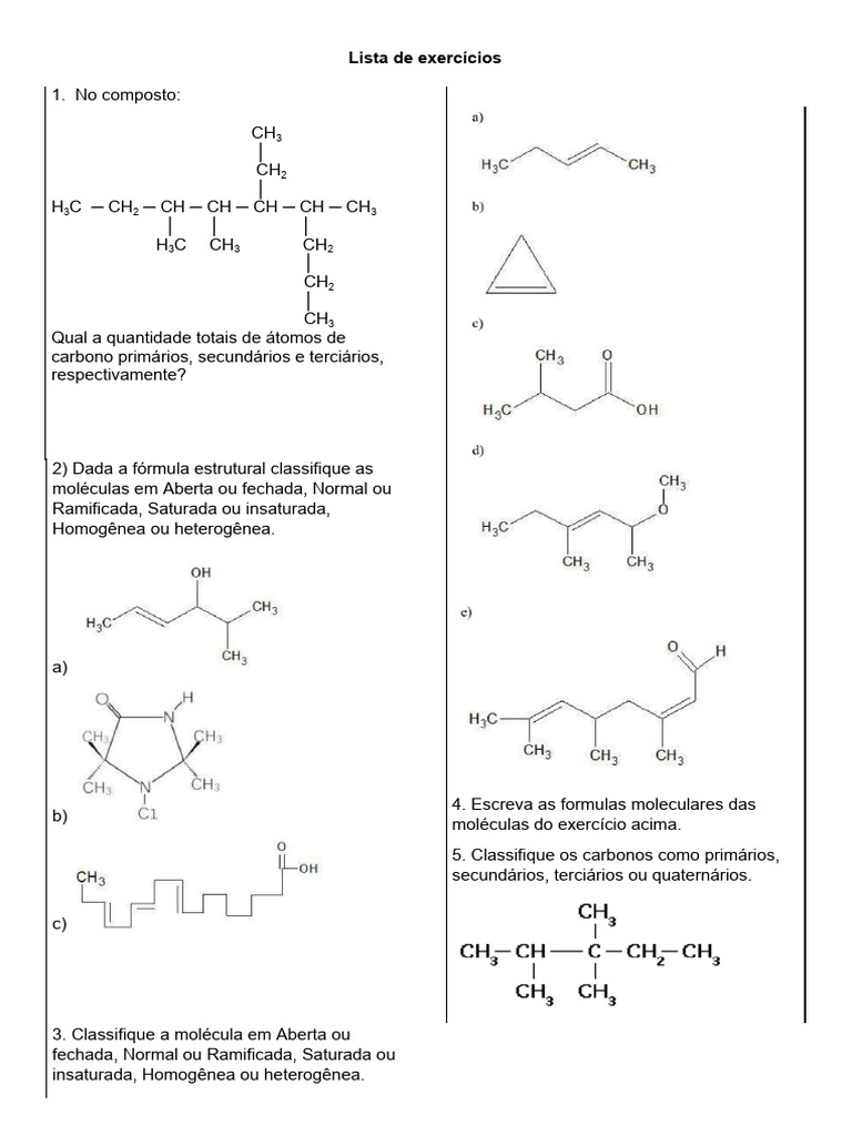 Lista de Exercicio 3ano Química 1bim SL Impressão | PDF