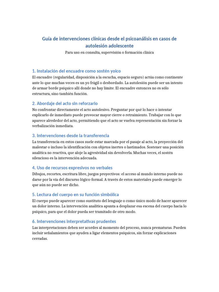 Intervenciones psicoanalíticas en autolesión adolescente | PDF