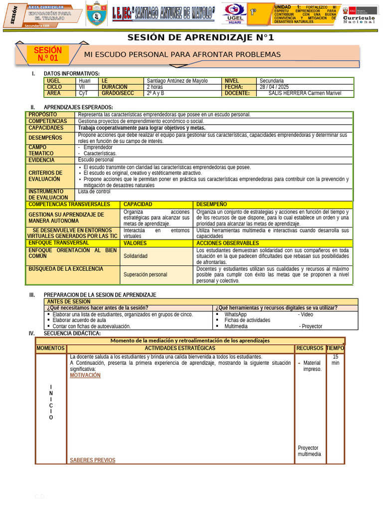 1° SESION 1 MI ESCUDO PERSONAL | PDF | Evaluación | Aprendizaje