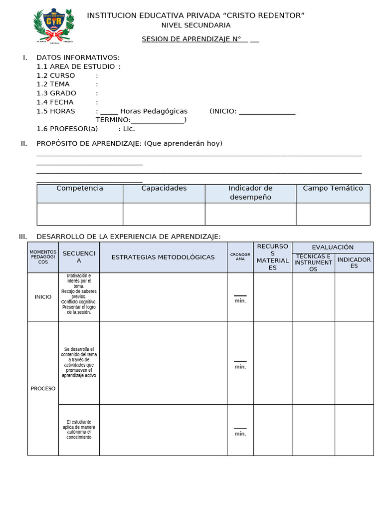 4. FORMATO - SESION DE APRENDIZAJE - CRISTO REDENTOR - 2024 | PDF | Aprendizaje | Maestros