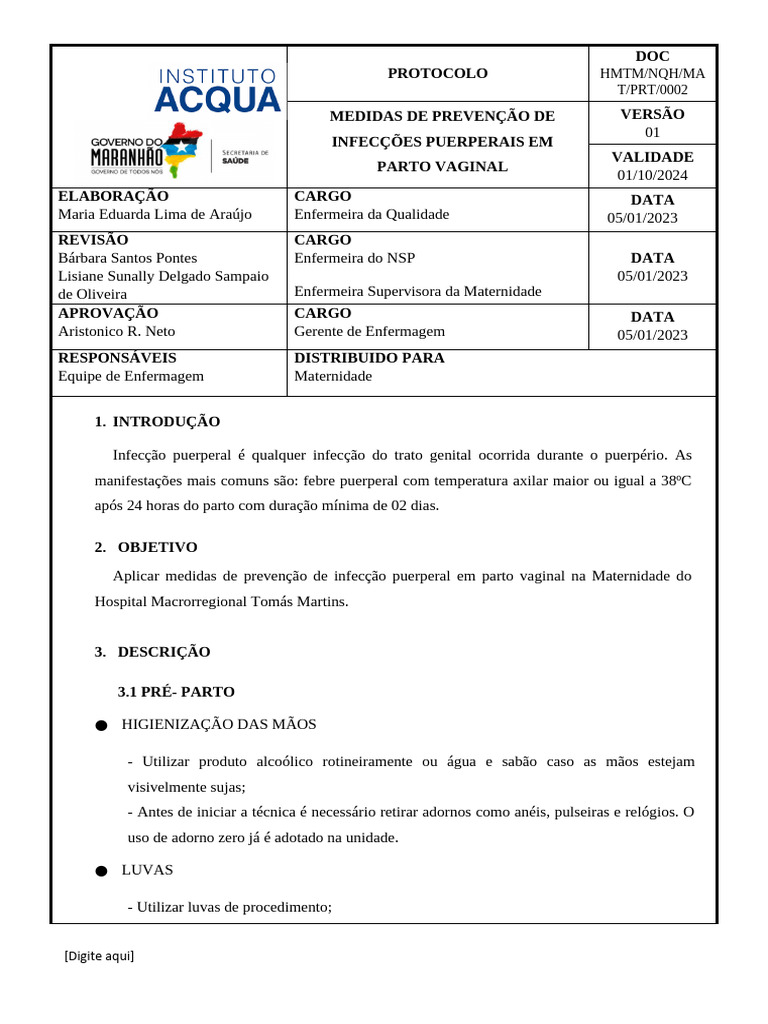 PRT - MAT - MEDIDAS DE PREVENÇÃO DE INFECÇÕES PUERPERIAS EM PARTO ...