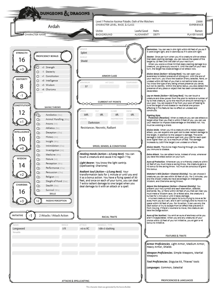 ficha pronta D&D 5.0 ardah | PDF | Gary Gygax Games | D20 System