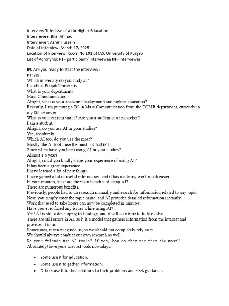 Interview With Student 2 (Bilal Ahmed) | PDF | Artificial Intelligence | Intelligence (AI ...