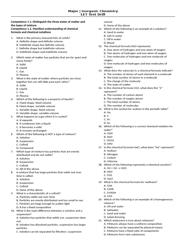Inorganic Chemistry LET Test Drill | PDF | Mixture | Chemical Compounds
