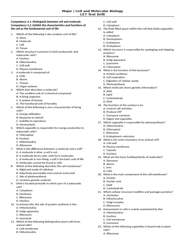 Cell and Molecular Biology LET Test | PDF | Cell (Biology) | Cell Membrane