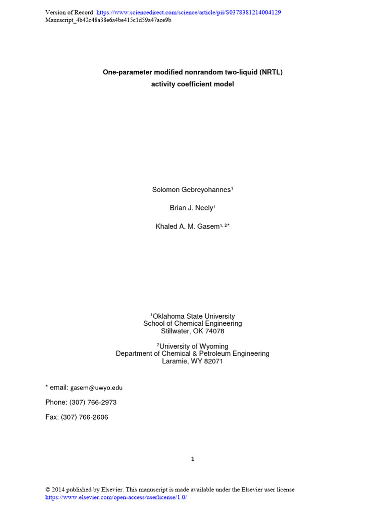 One-Parameter NRTL Model Modification | PDF | Mechanical Engineering ...