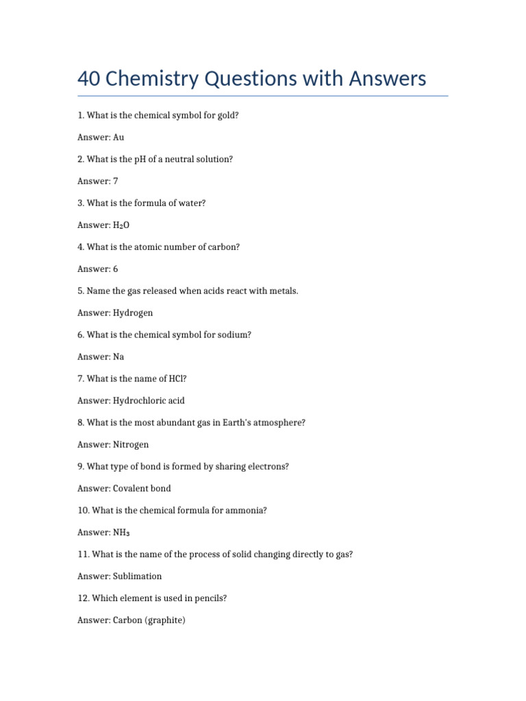 40 Chemistry Questions With Answers | PDF | Acid | Chemical Elements