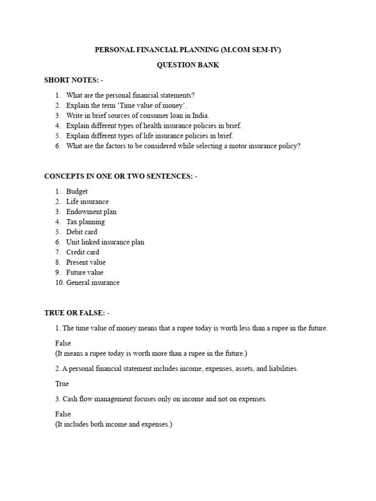 Personal Financial Planning Question Bank | PDF | Insurance | Debits ...