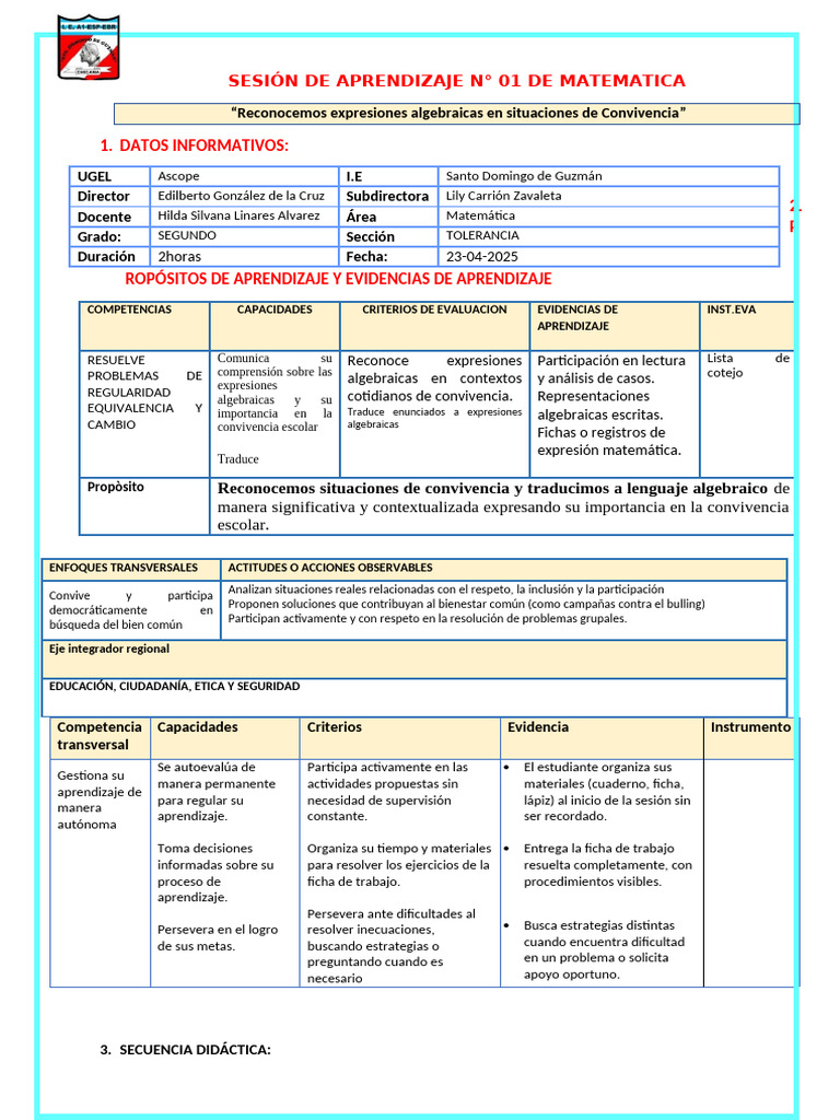 Sesion de Aprendizaje 1-Expres - Algeb.tolerancia | PDF | Aprendizaje ...