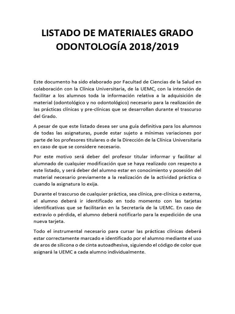 Listado Materiales Grado Odontolog A 18-19 v.2 | PDF