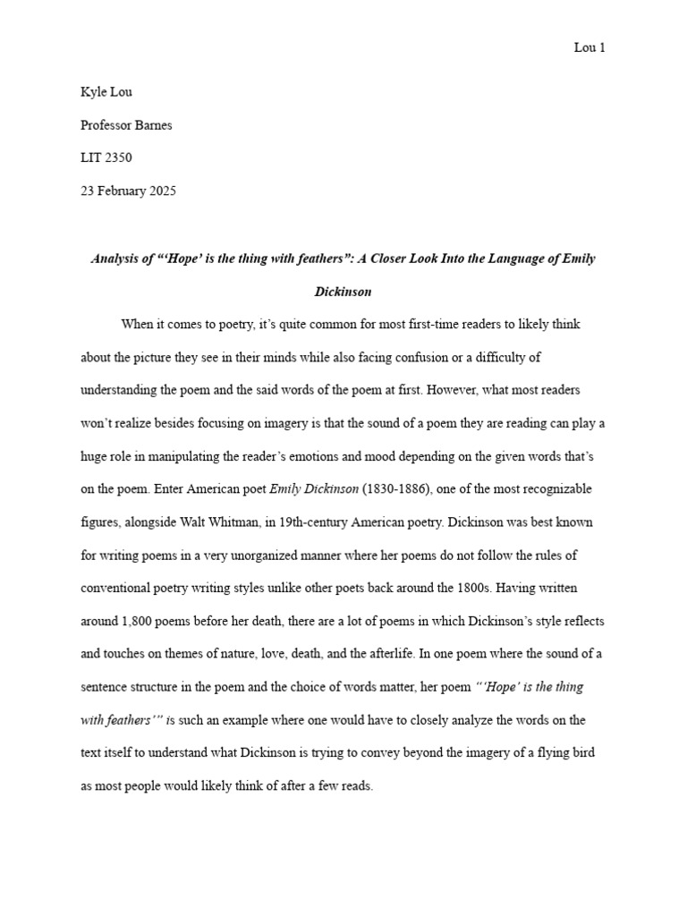 Analyzing Dickinson's "Hope" Poem | PDF | Poetry | Emily Dickinson