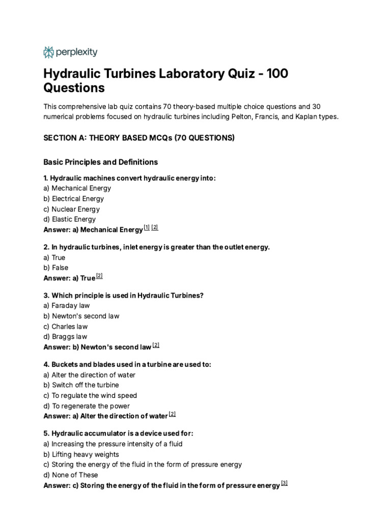 Hydraulic Turbines Laboratory Quiz - 100 Questions | PDF | Turbine | Power (Physics)